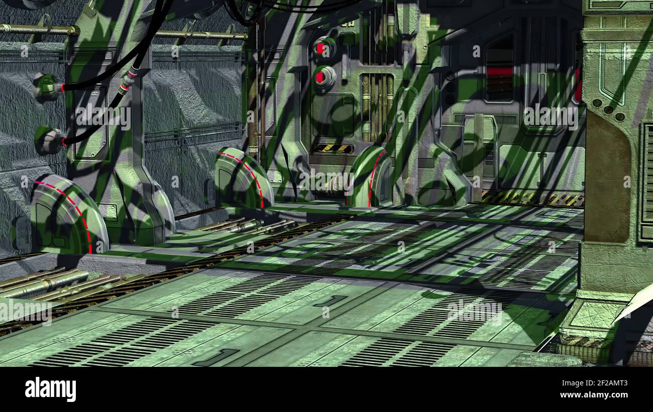 3D illustration - shadows moving across a wall in space ship Stock ...