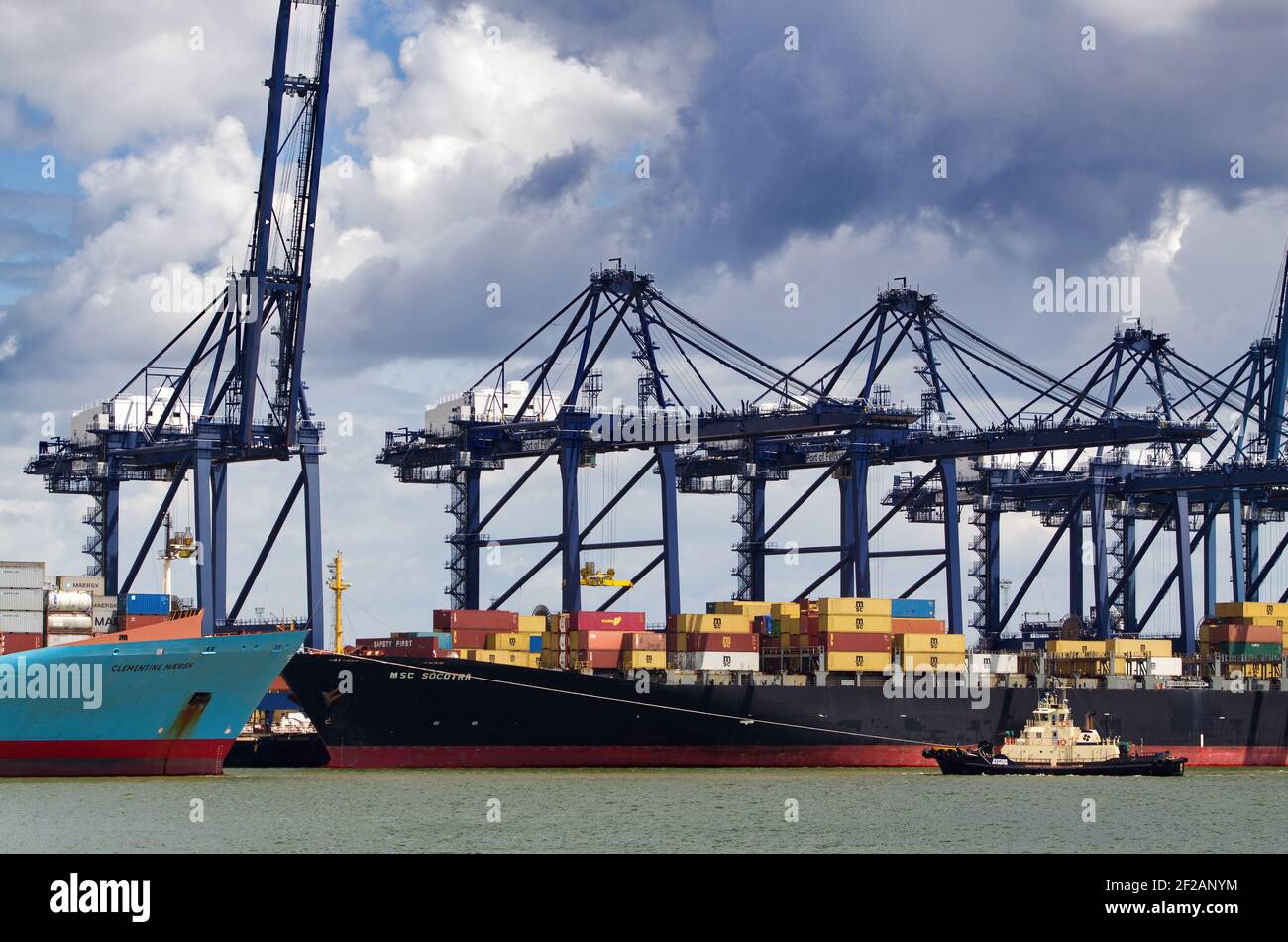 Tug boat Svitzer Intrepid, pulling a container ship Clementine Maersk ...