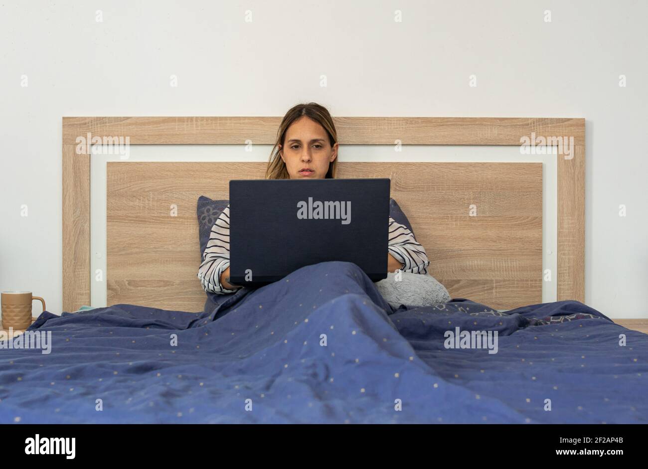 Young woman, in her thirties, teleworking with her laptop, sitting and ...