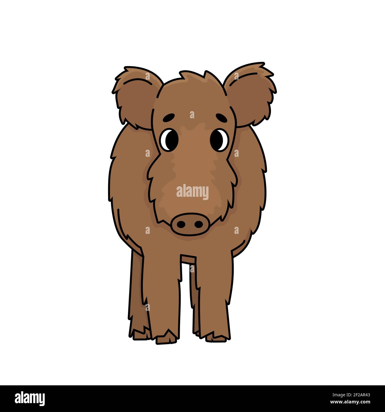 Brown Vector outline cute cartoon boar. Fluffy Animal stands, Front ...