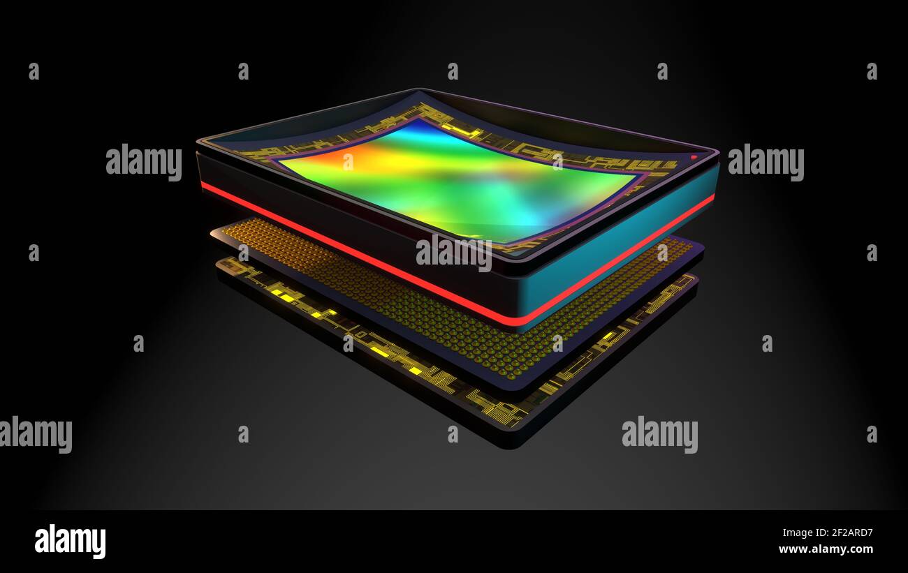 Curved sensor for digital camera, prototype 3D rendering, stacked ...