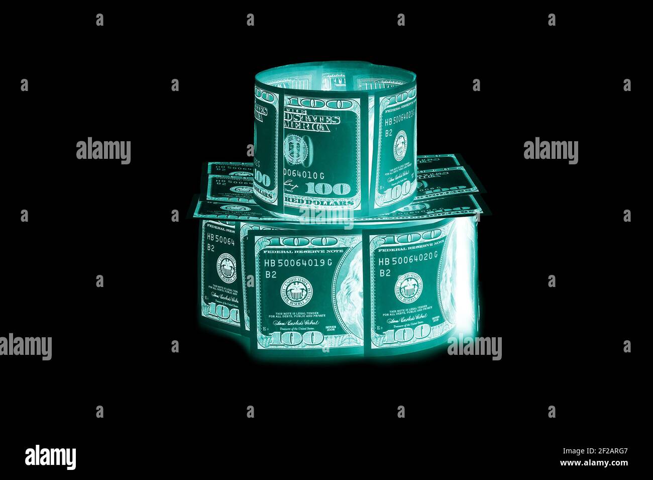 One hundred dollar bills (banknotes ) close up, U.S. currency-- in UV ...