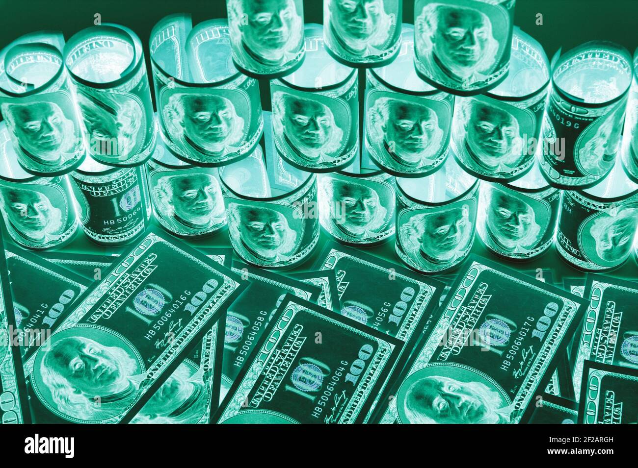 One hundred dollar bills (banknotes ) close up, U.S. currency-- in UV ...