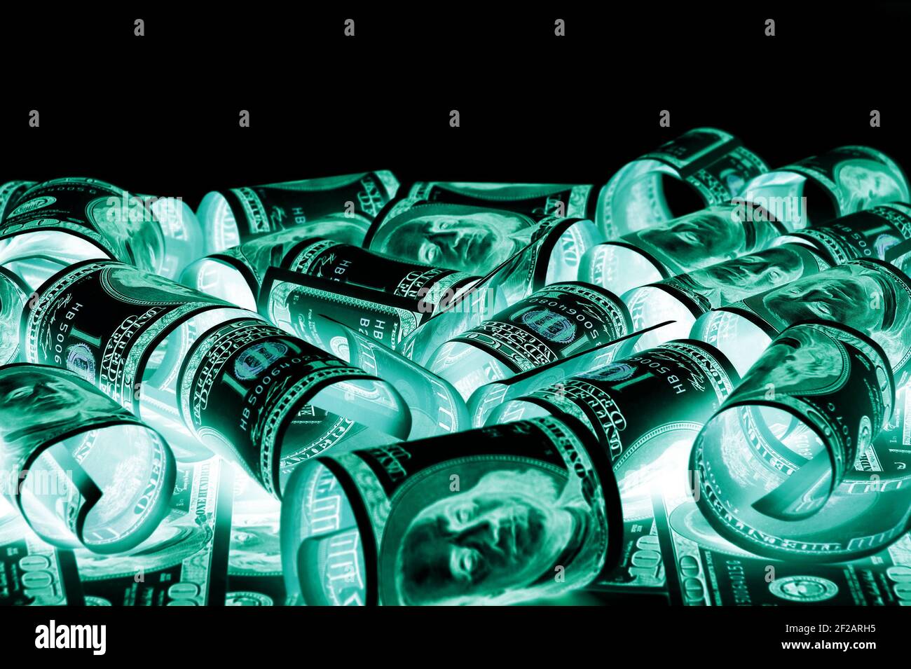 One hundred dollar bills (banknotes ) close up, U.S. currency-- in UV ...