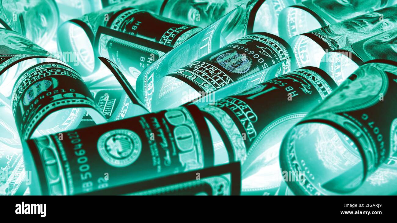 One hundred dollar bills (banknotes ) close up, U.S. currency-- in UV ...