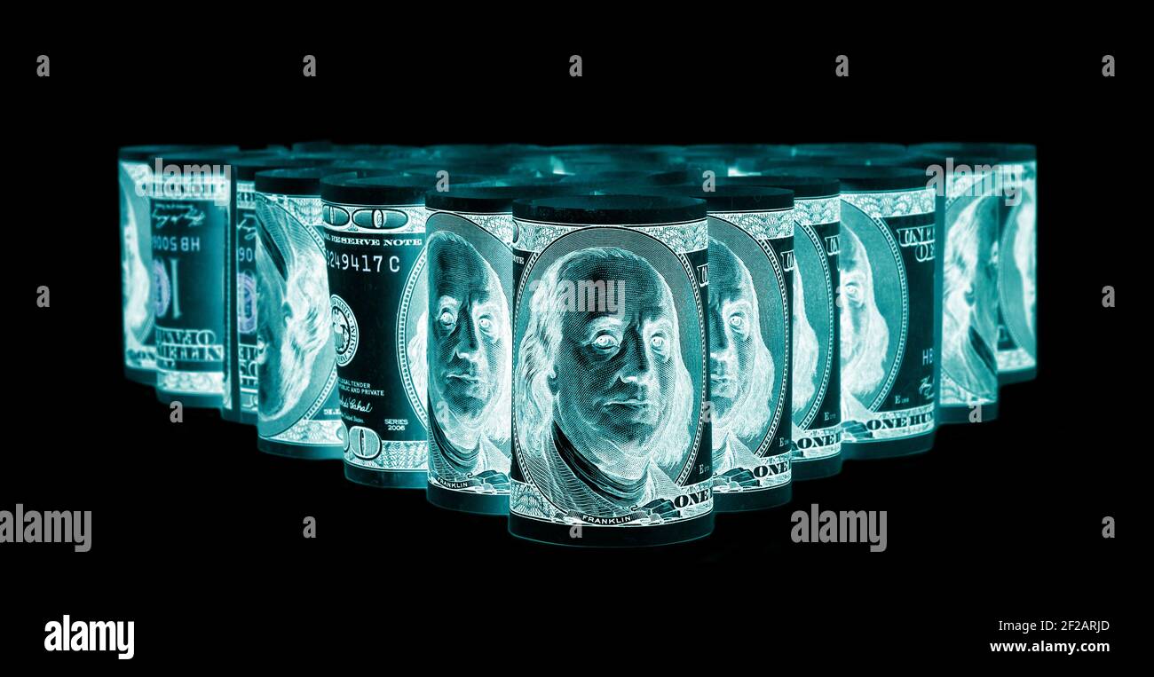 One hundred dollar bills (banknotes ) close up, U.S. currency-- in UV ...