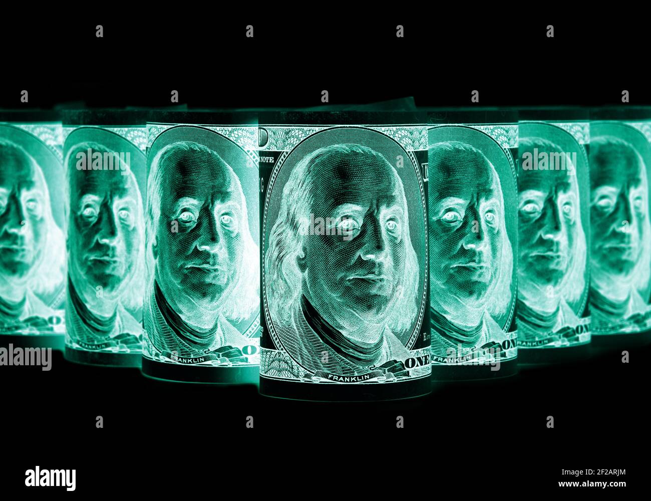 One hundred dollar bills (banknotes ) close up, U.S. currency-- in UV ...