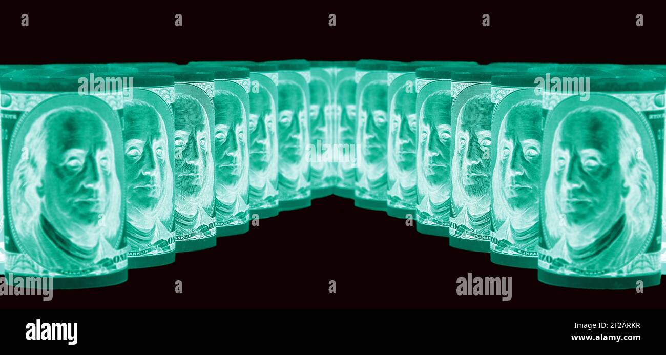 One hundred dollar bills (banknotes ) close up, U.S. currency-- in UV ...