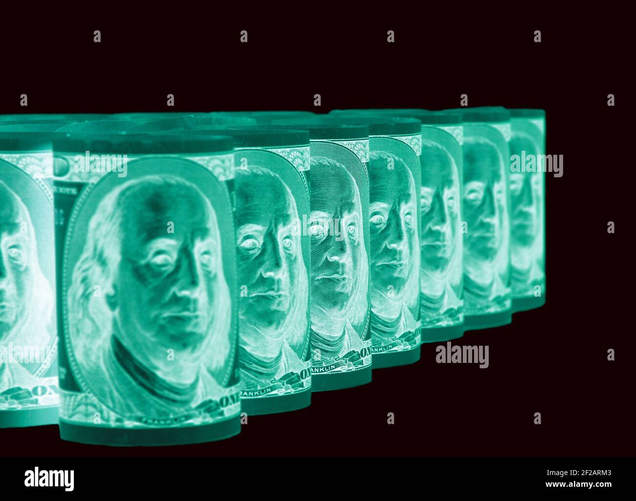 One hundred dollar bills (banknotes ) close up, U.S. currency-- in UV ...