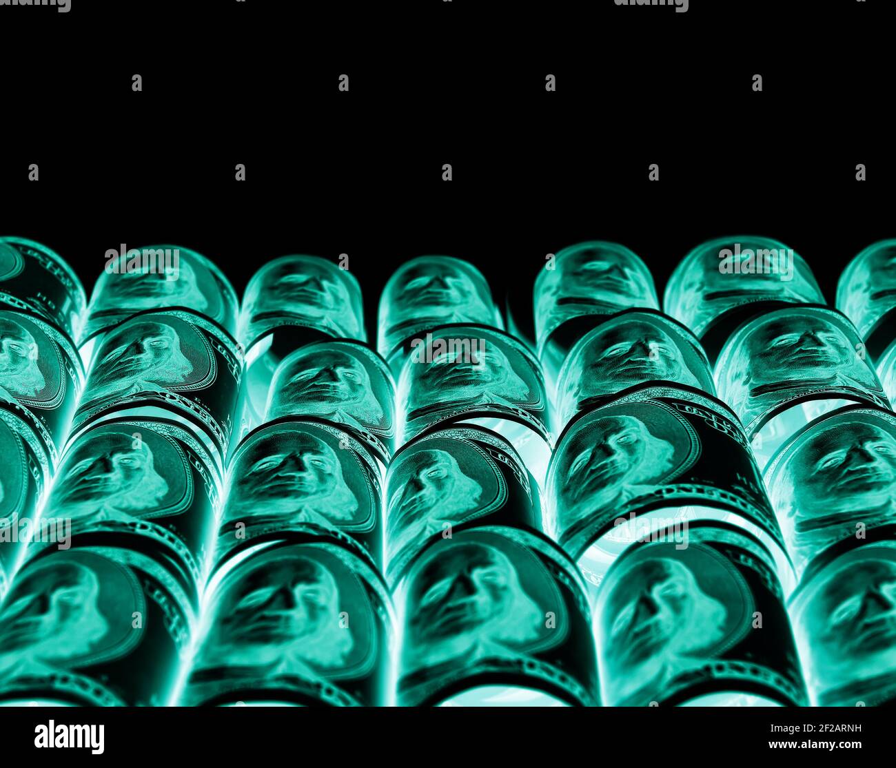 One hundred dollar bills (banknotes ) close up, U.S. currency-- in UV ...