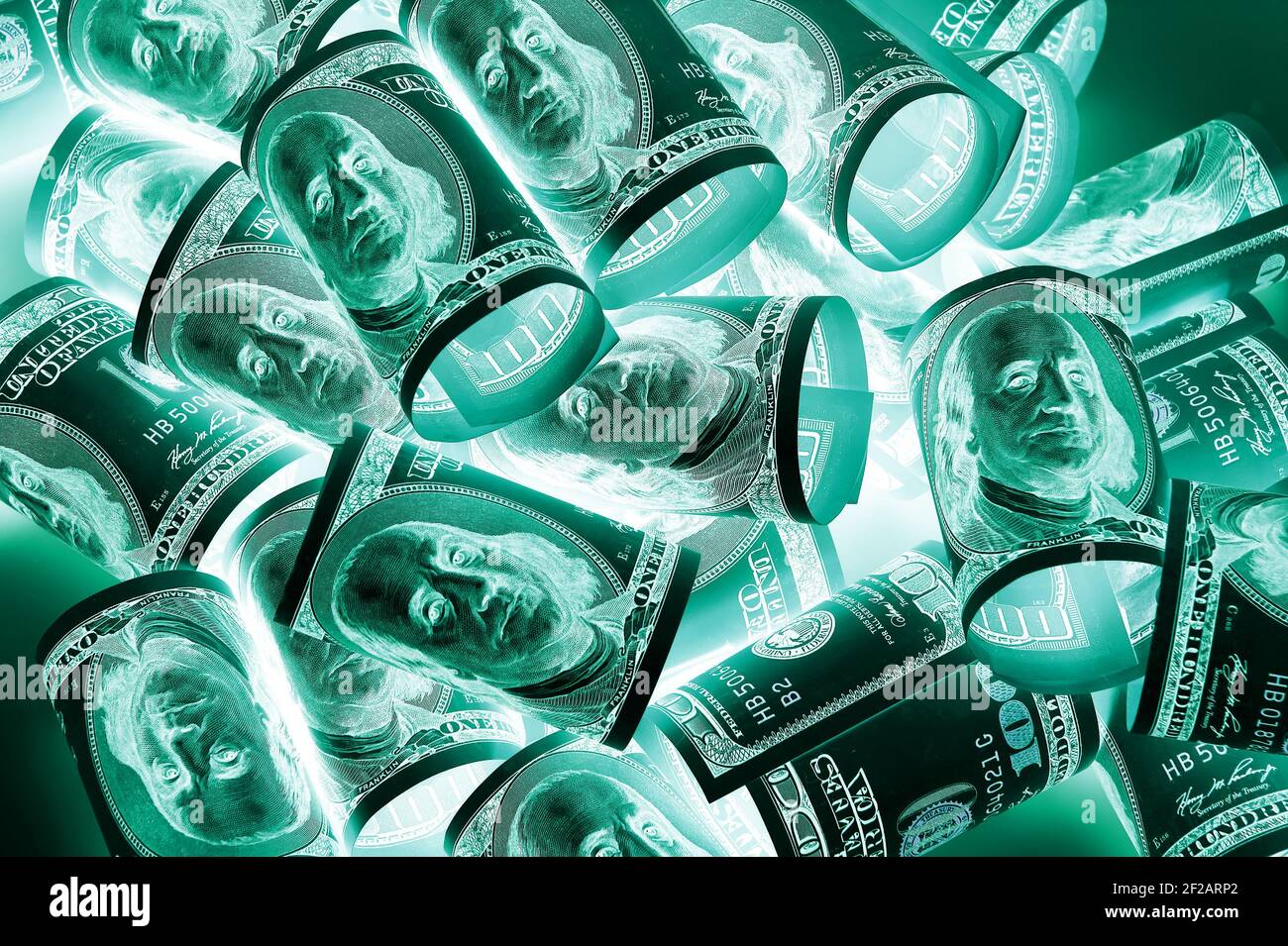 One hundred dollar bills (banknotes ) close up, U.S. currency-- in UV ...