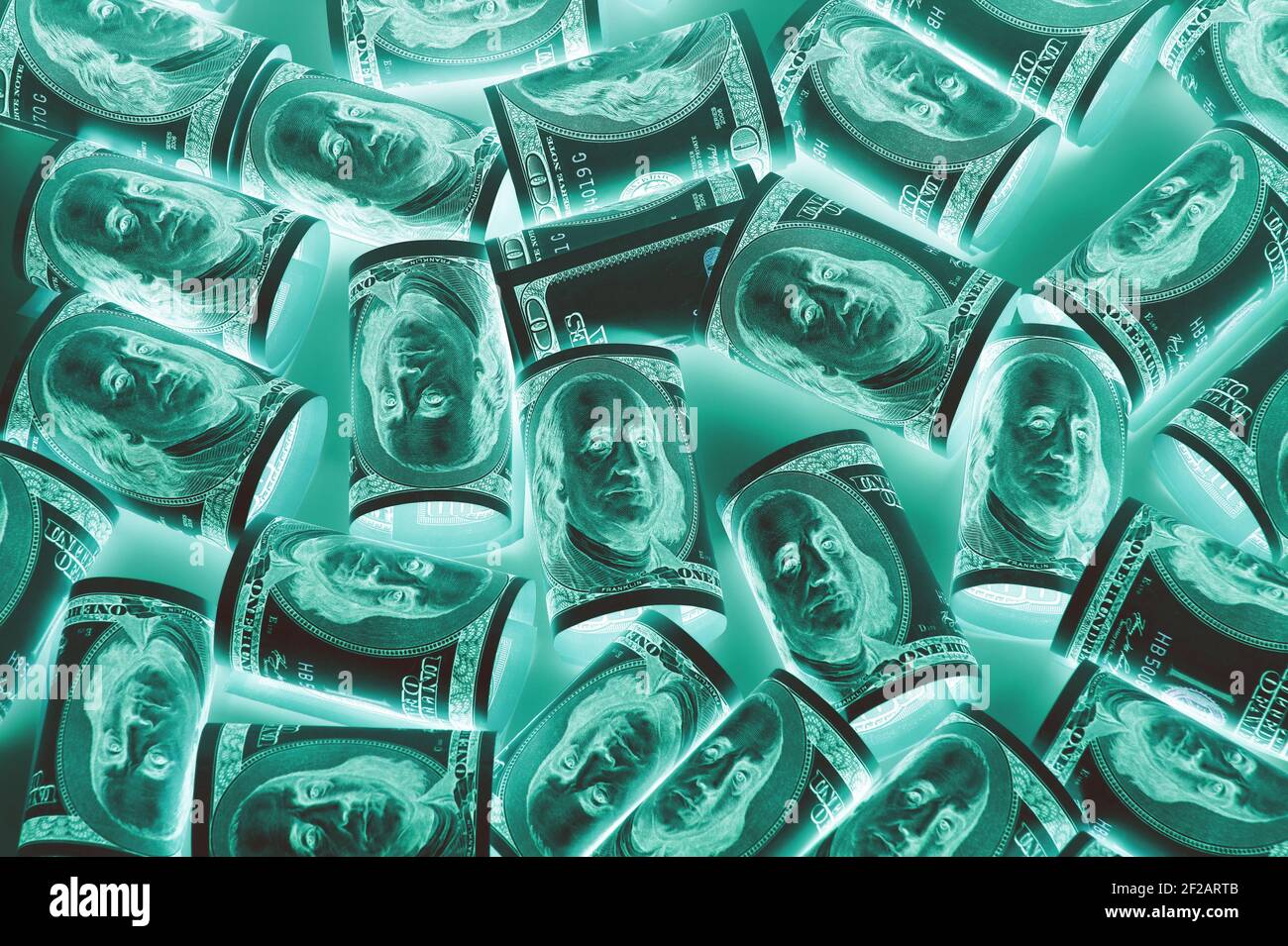 One hundred dollar bills (banknotes ) close up, U.S. currency-- in UV ...