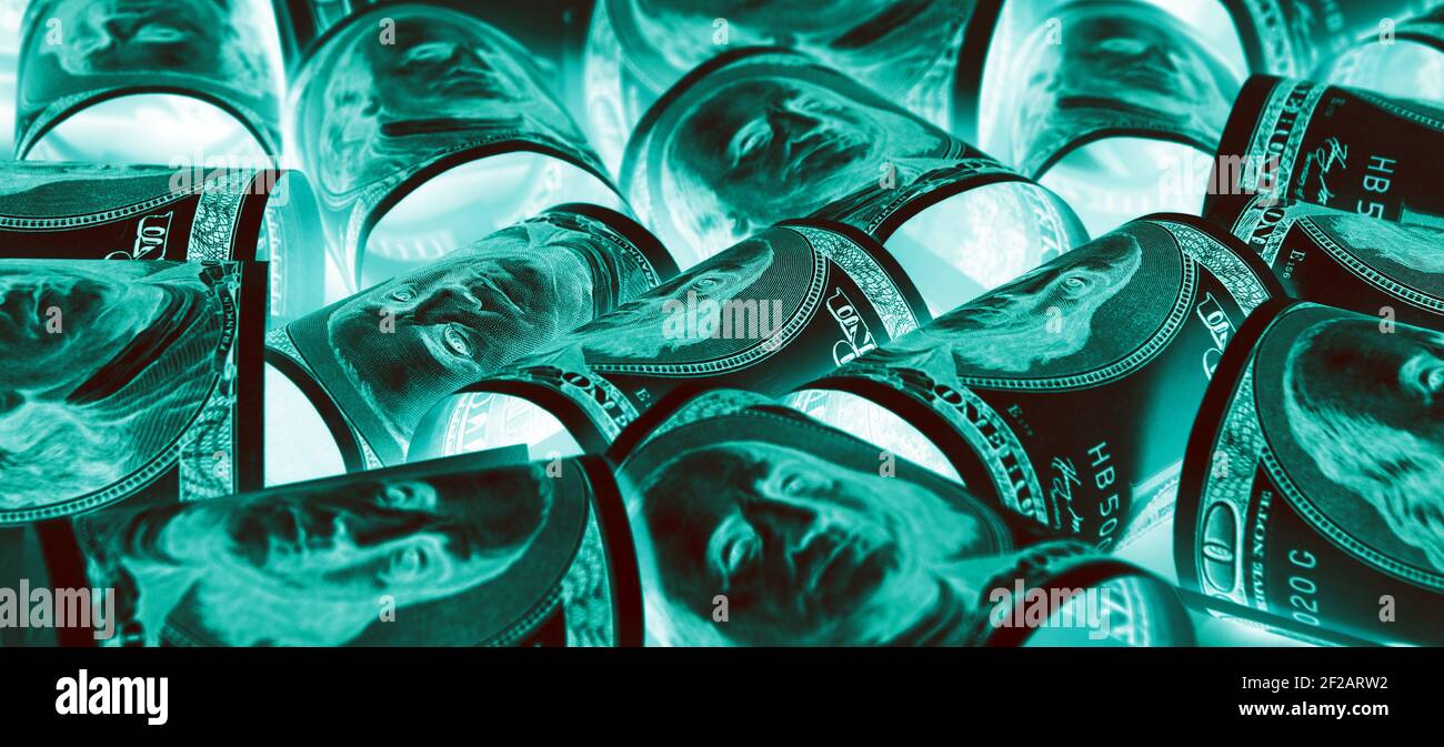 One hundred dollar bills (banknotes ) close up, U.S. currency-- in UV ...