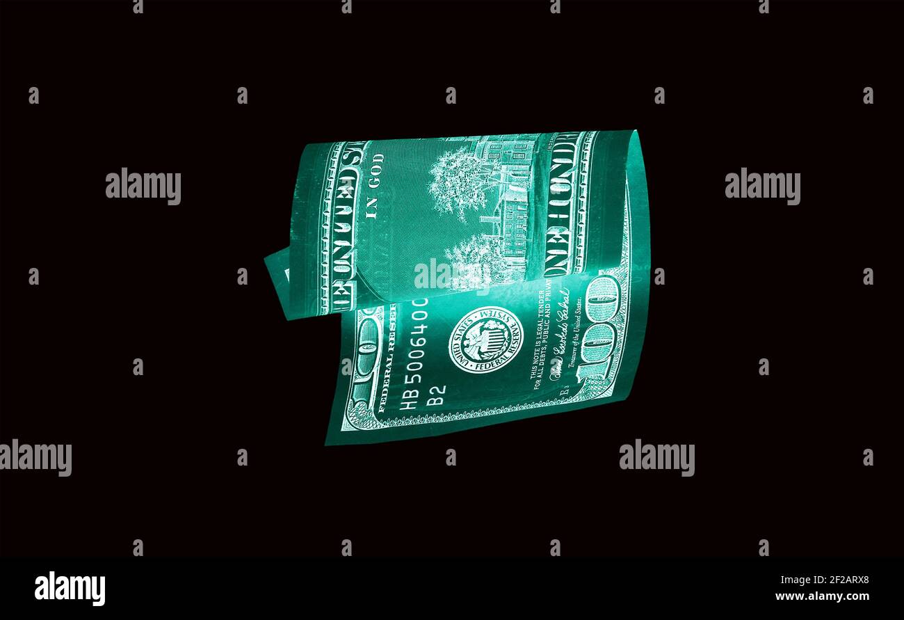 One hundred dollar bills (banknotes ) close up, U.S. currency-- in UV ...