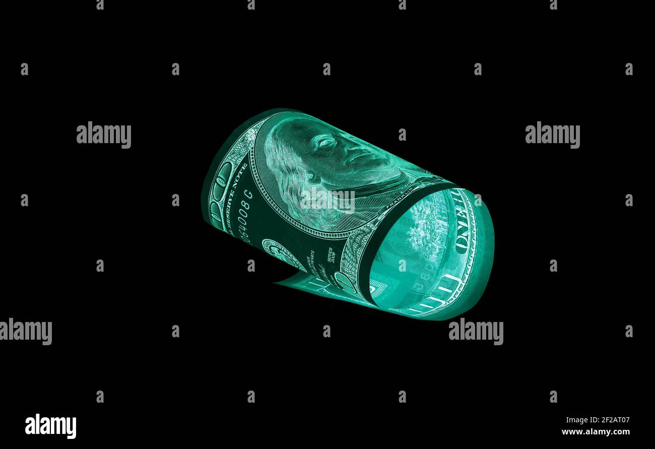 One hundred dollar bills (banknotes ) close up, U.S. currency-- in UV ...