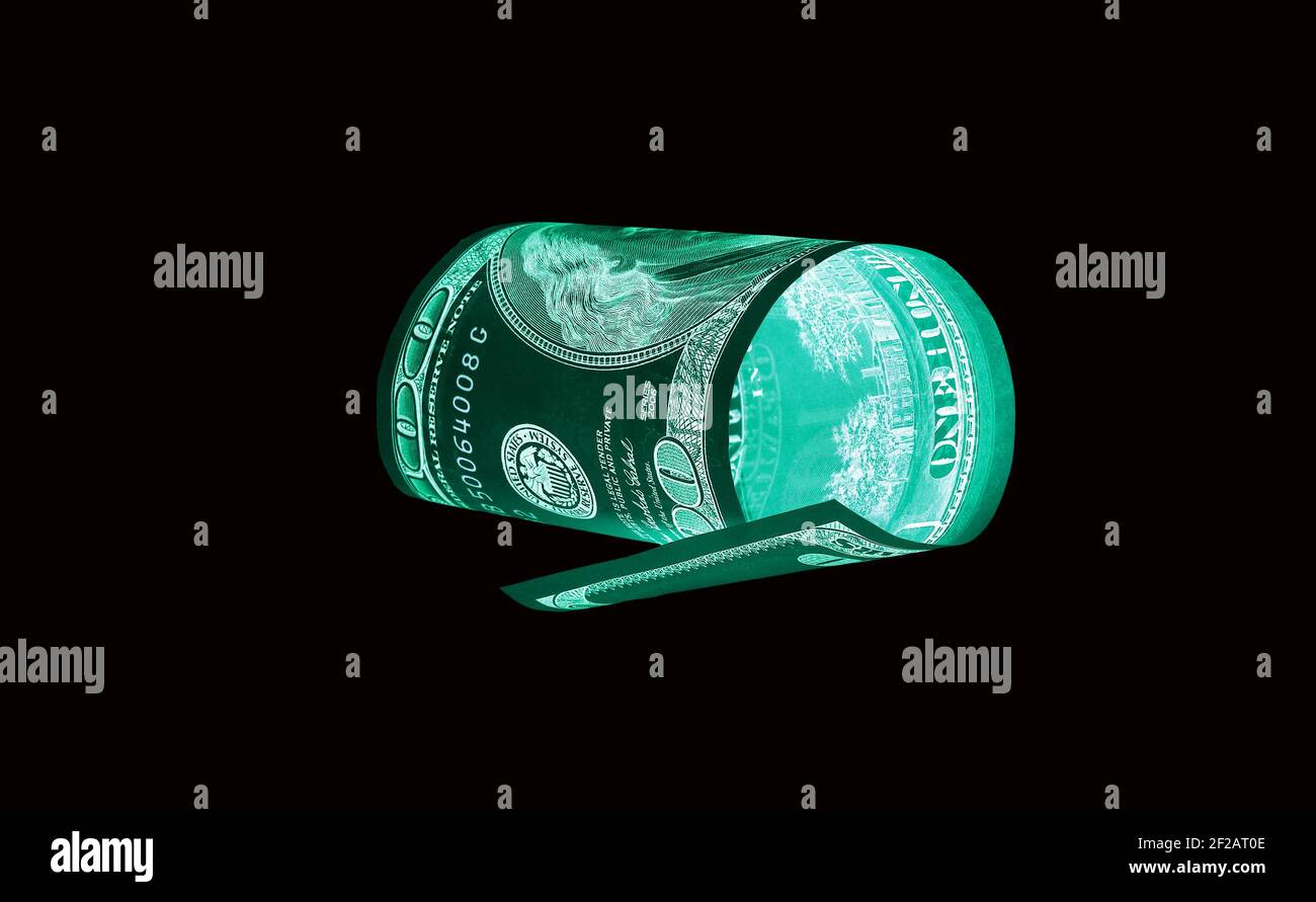 One hundred dollar bills (banknotes ) close up, U.S. currency-- in UV ...