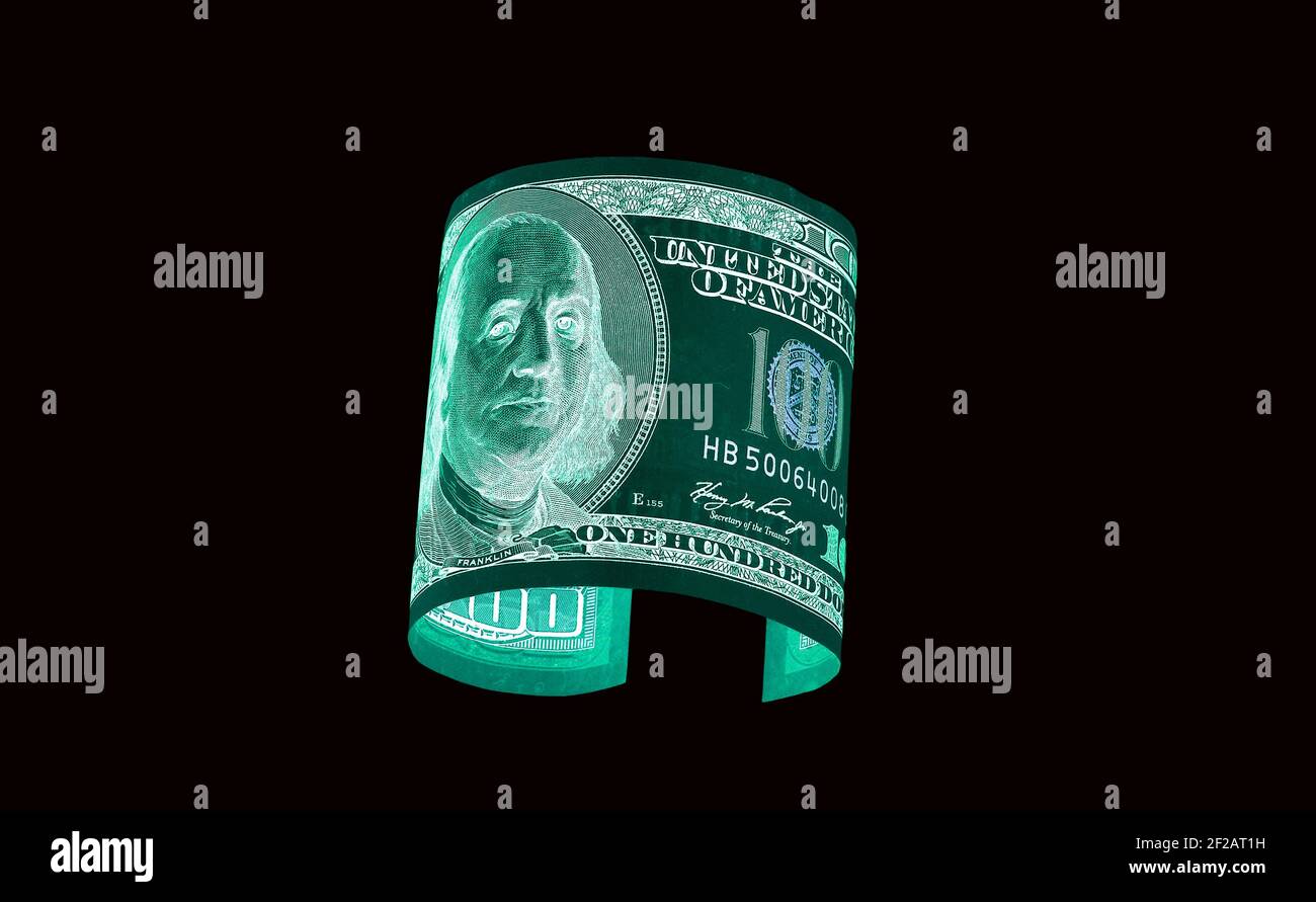 One hundred dollar bills (banknotes ) close up, U.S. currency-- in UV ...