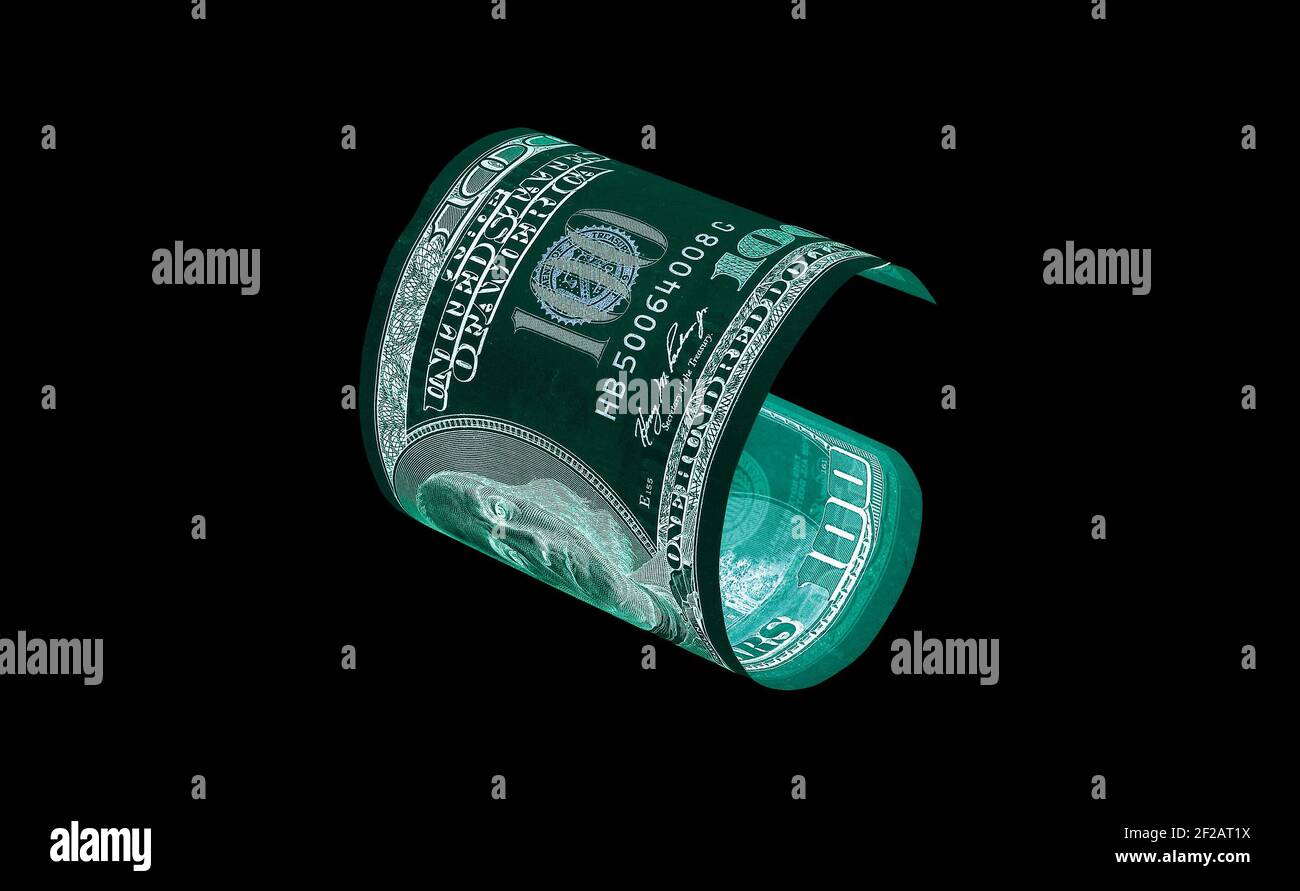 One hundred dollar bills (banknotes ) close up, U.S. currency-- in UV ...