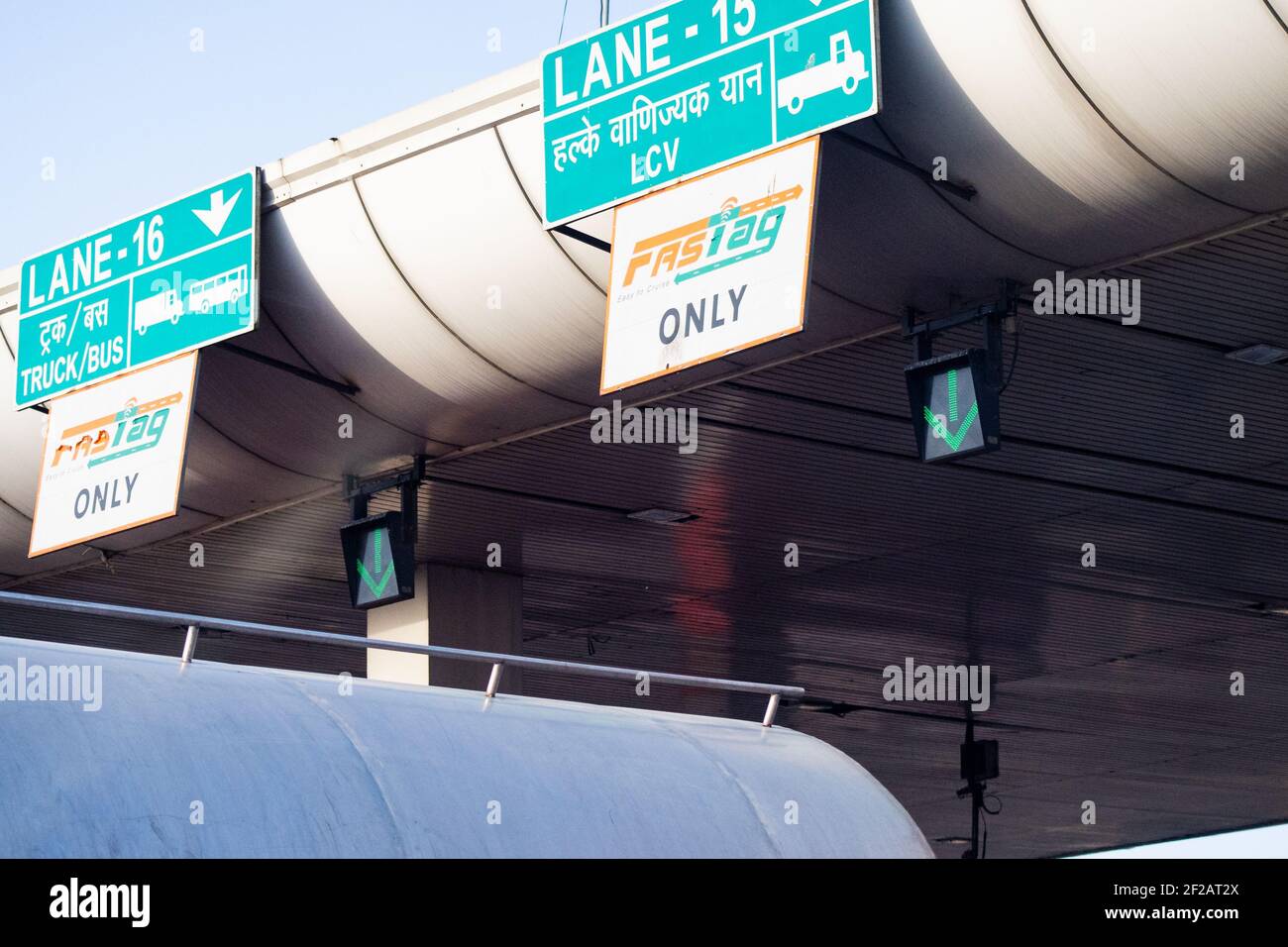 Fast Tag sign near a toll booth showing the new cashless RFID based ...
