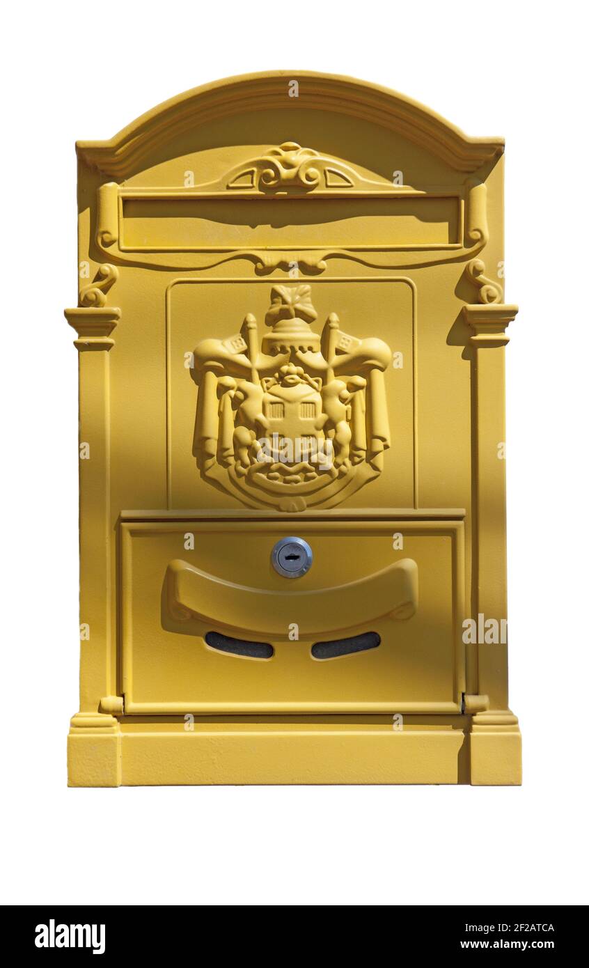 Yellow iron mailbox hanging on the wall isolated on white Stock Photo ...