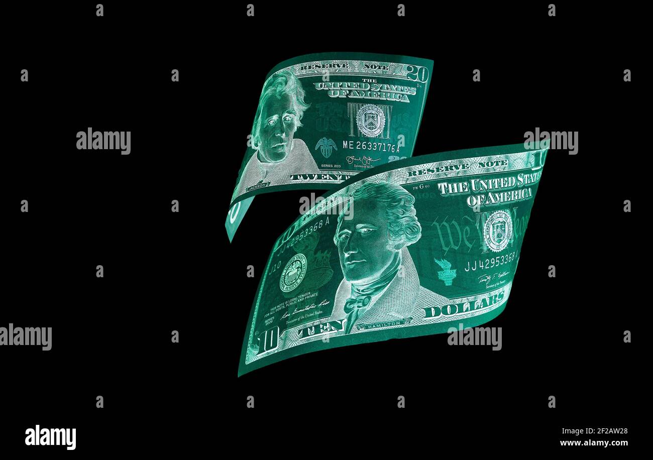 One hundred dollar bills (banknotes ) close up, U.S. currency-- in UV ...