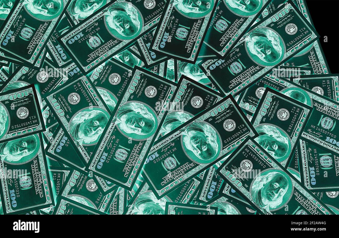 One hundred dollar bills (banknotes ) close up, U.S. currency-- in UV ...