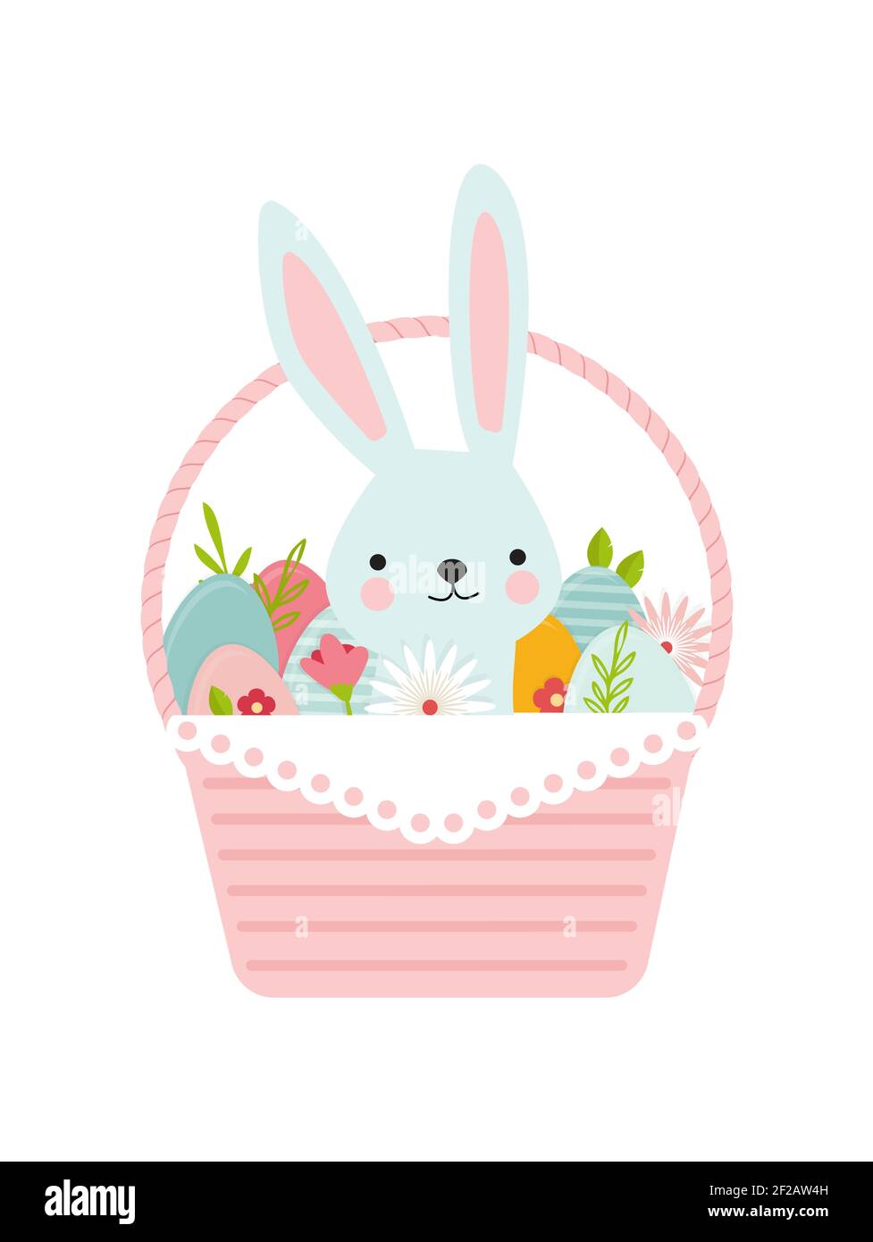 Happy Easter. Greeting card or a posters with easter basket, bunny ...