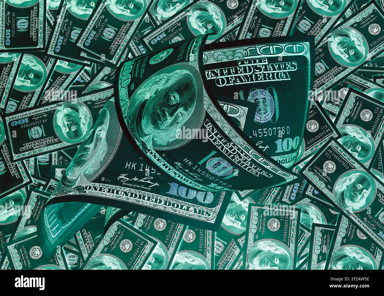 One hundred dollar bills (banknotes ) close up, U.S. currency-- in UV ...