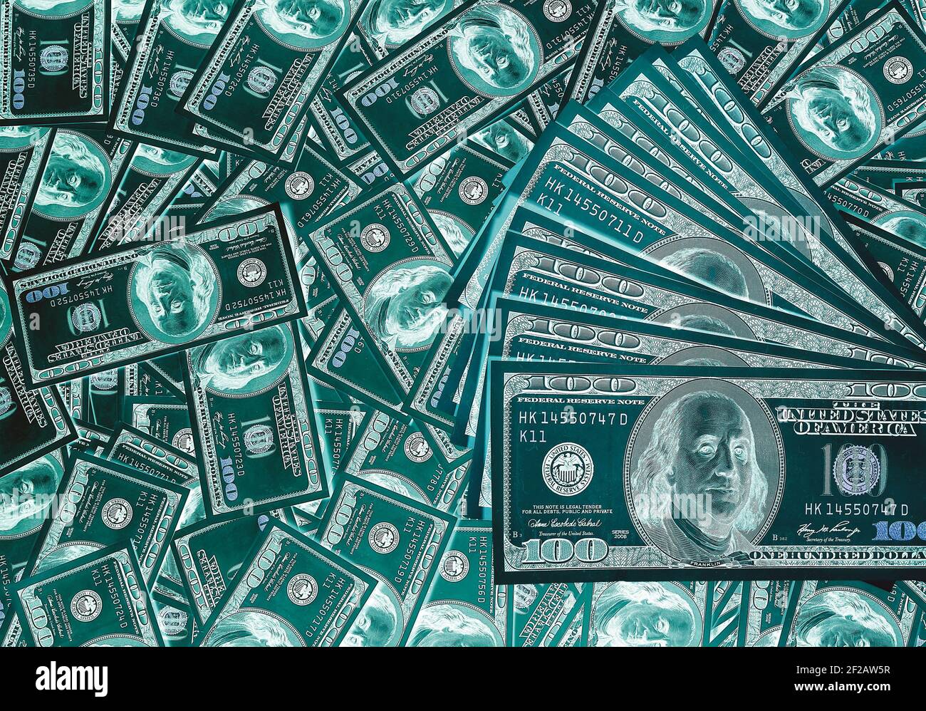 One hundred dollar bills (banknotes ) close up, U.S. currency-- in UV ...