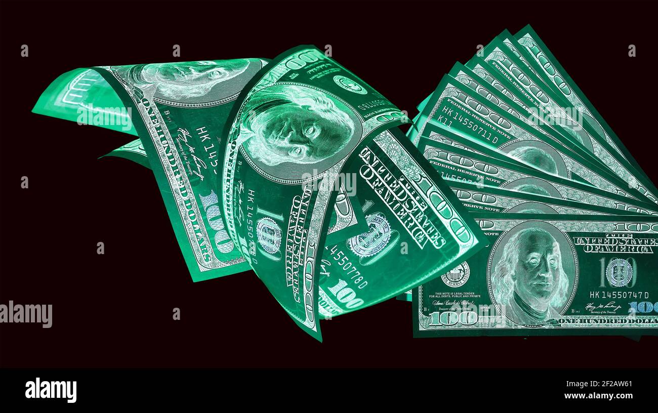 One hundred dollar bills (banknotes ) close up, U.S. currency-- in UV ...