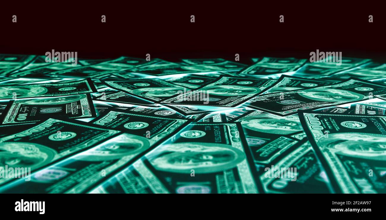 One hundred dollar bills (banknotes ) close up, U.S. currency-- in UV ...