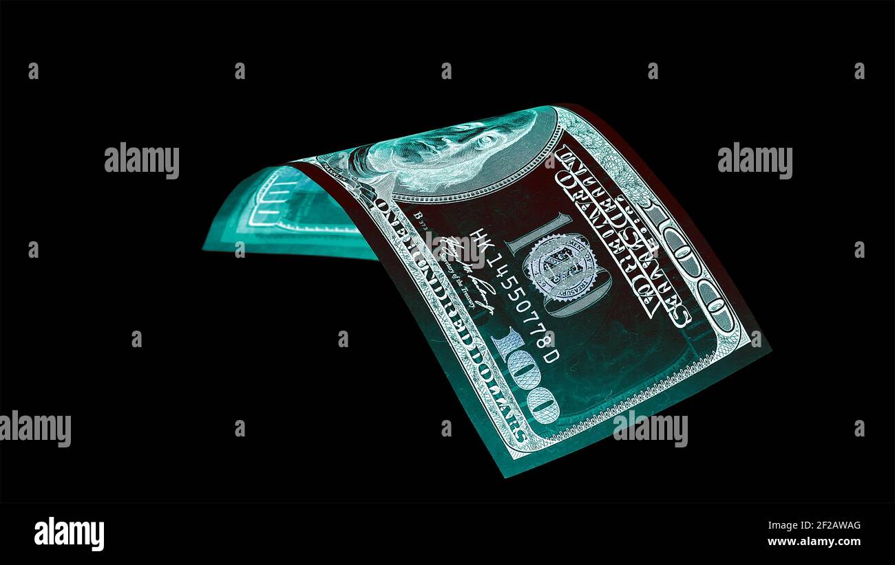 One hundred dollar bills (banknotes ) close up, U.S. currency-- in UV ...