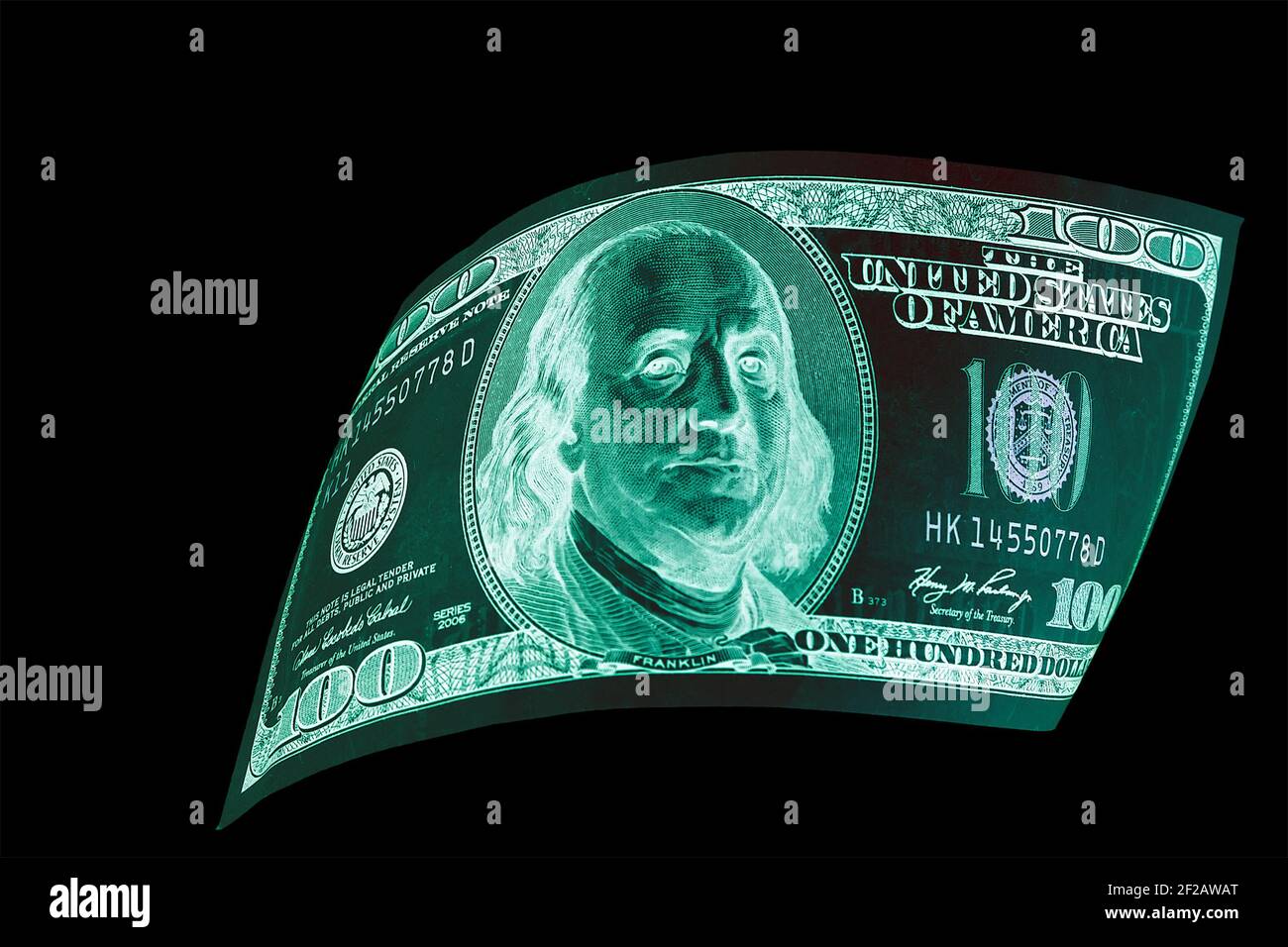 One hundred dollar bills (banknotes ) close up, U.S. currency-- in UV ...