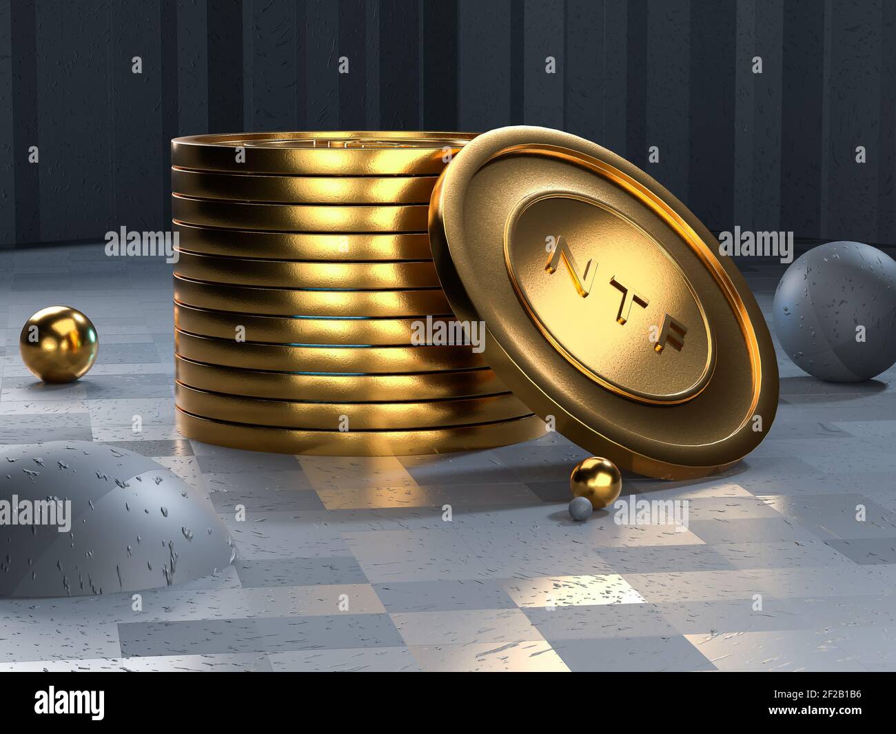 NTF coin token on grey background. Non-refundable token. 3d render ...