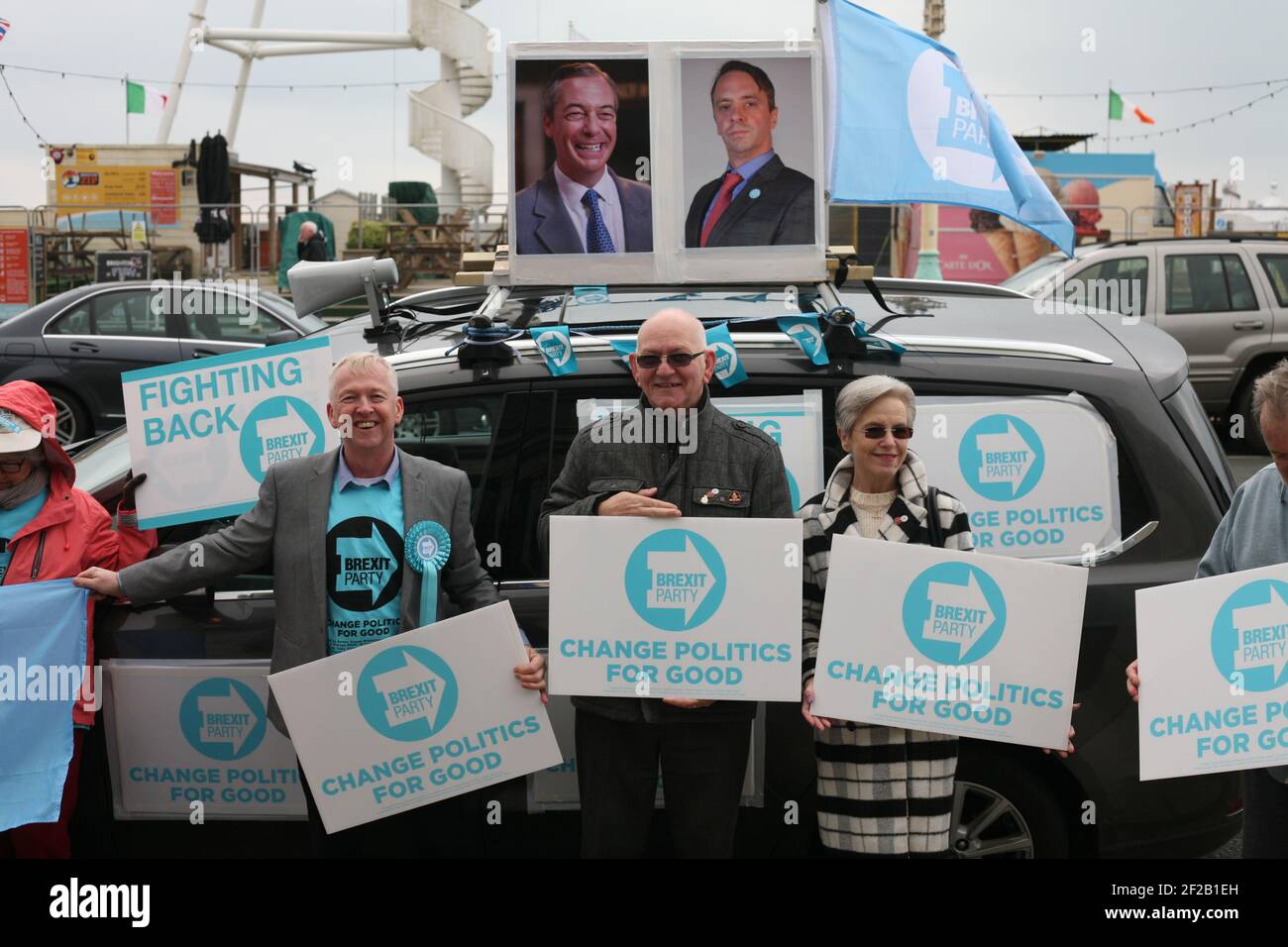Brexit Party campaigners in front of their 'battle wagon' on Brighton ...