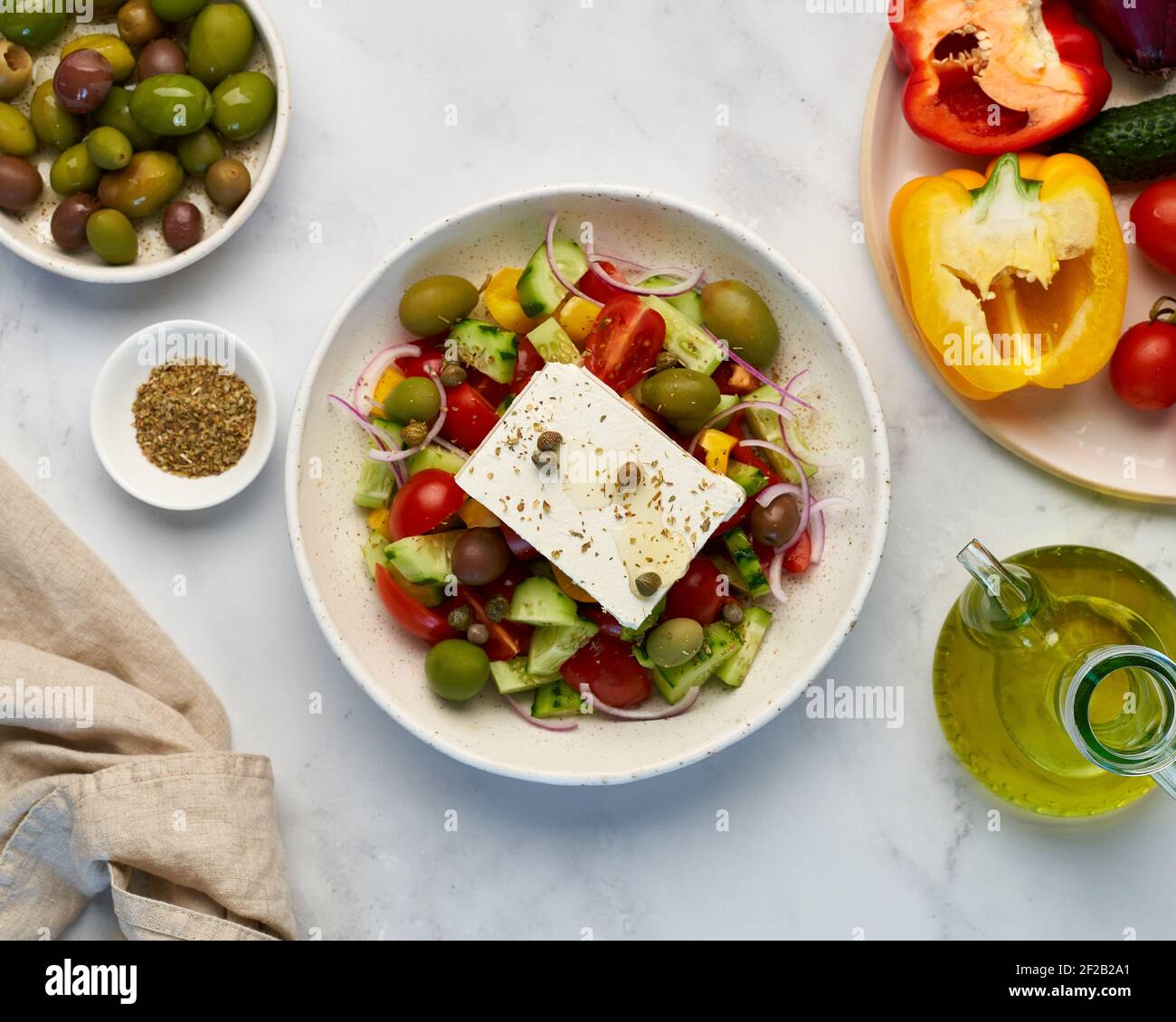 Greek village salad horiatiki with feta, top view Stock Photo - Alamy