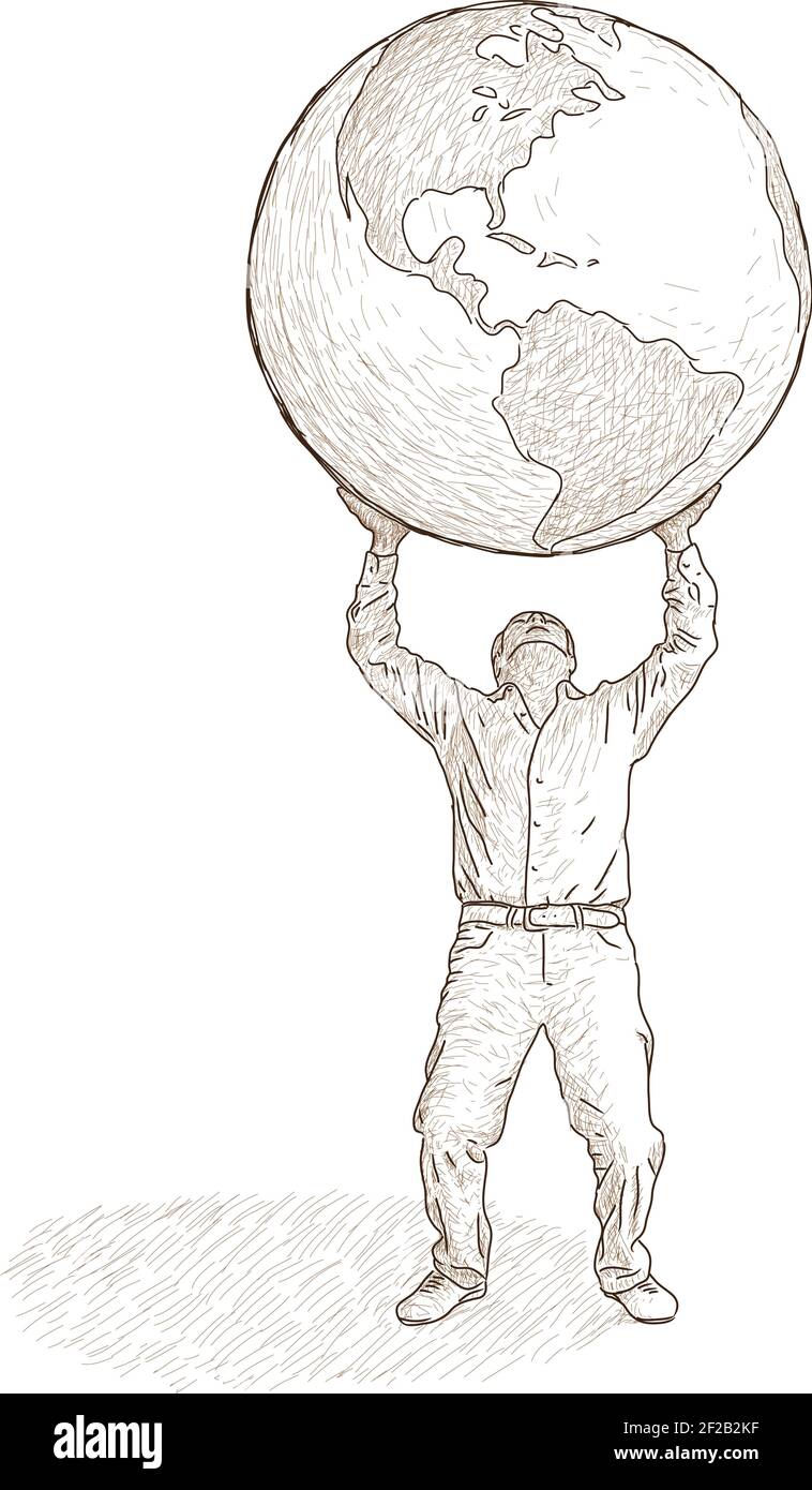 Vector illustration of a man who supports the world. Freehand drawing ...