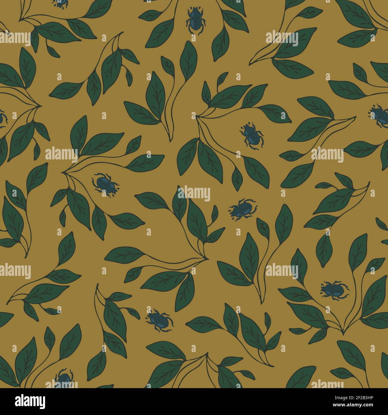 Seamless vector pattern with leaves and beetles on beige background ...