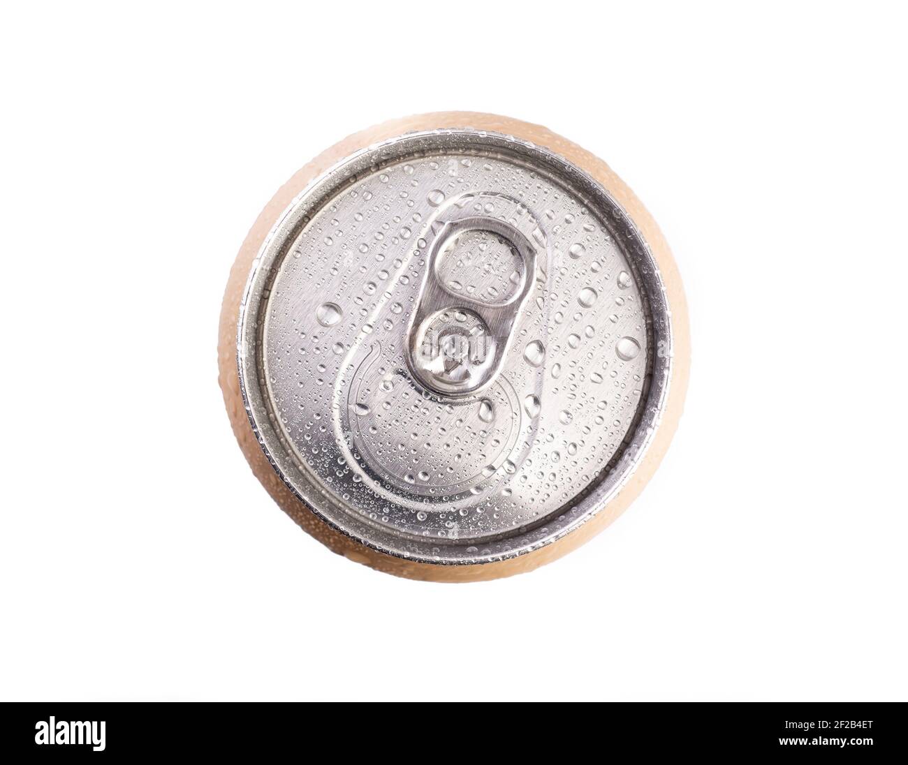 Top view of a cold can with water drops isolated over white background ...