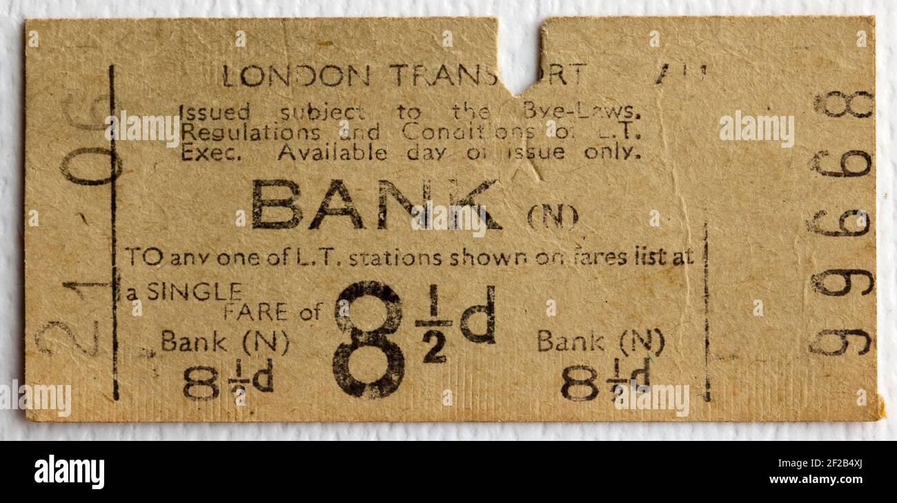 Old London Transport Underground or Tube Ticket from Bank Station Stock ...