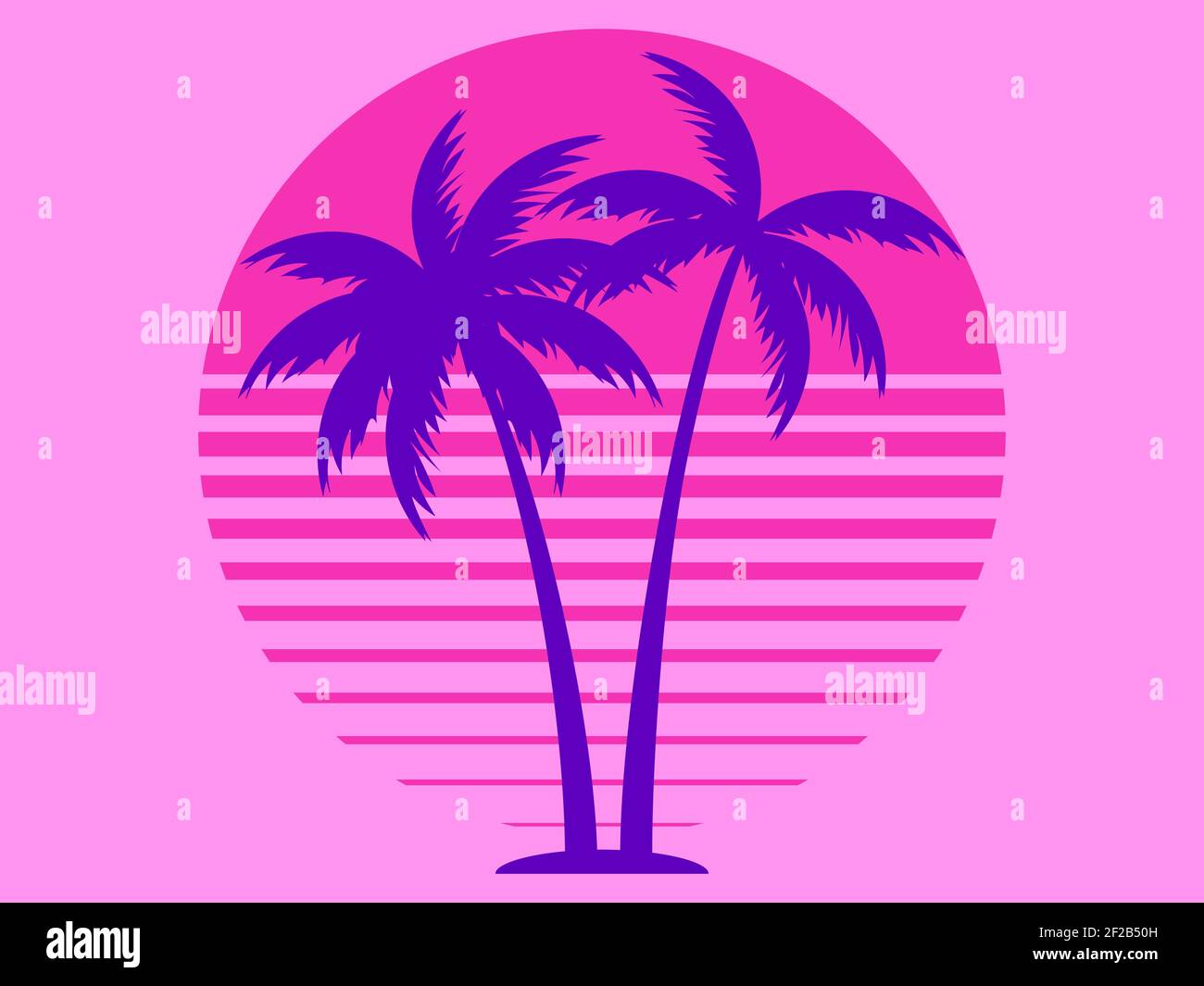 Two palm trees against a pink sun in the style of the 80s. Synthwave ...