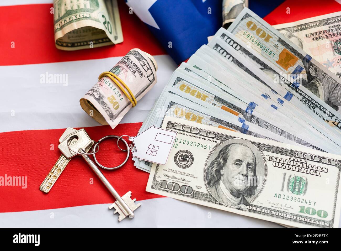 American flag on assorted banknotes, dollars Stock Photo - Alamy