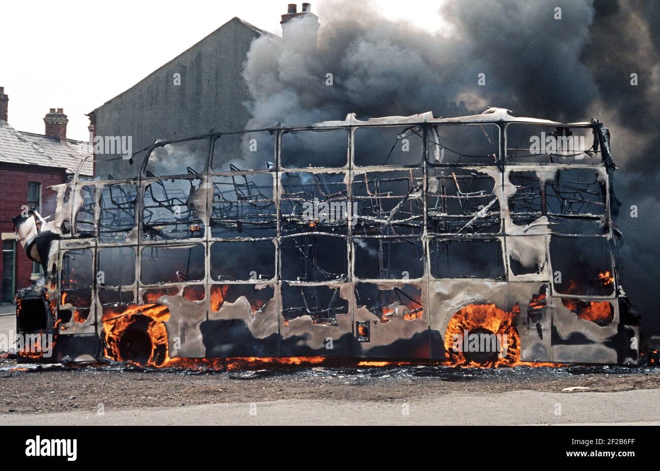 BELFAST, UNITED KINGDOM - JUNE 1972. Fire Bombed Hijacked Bus by the ...