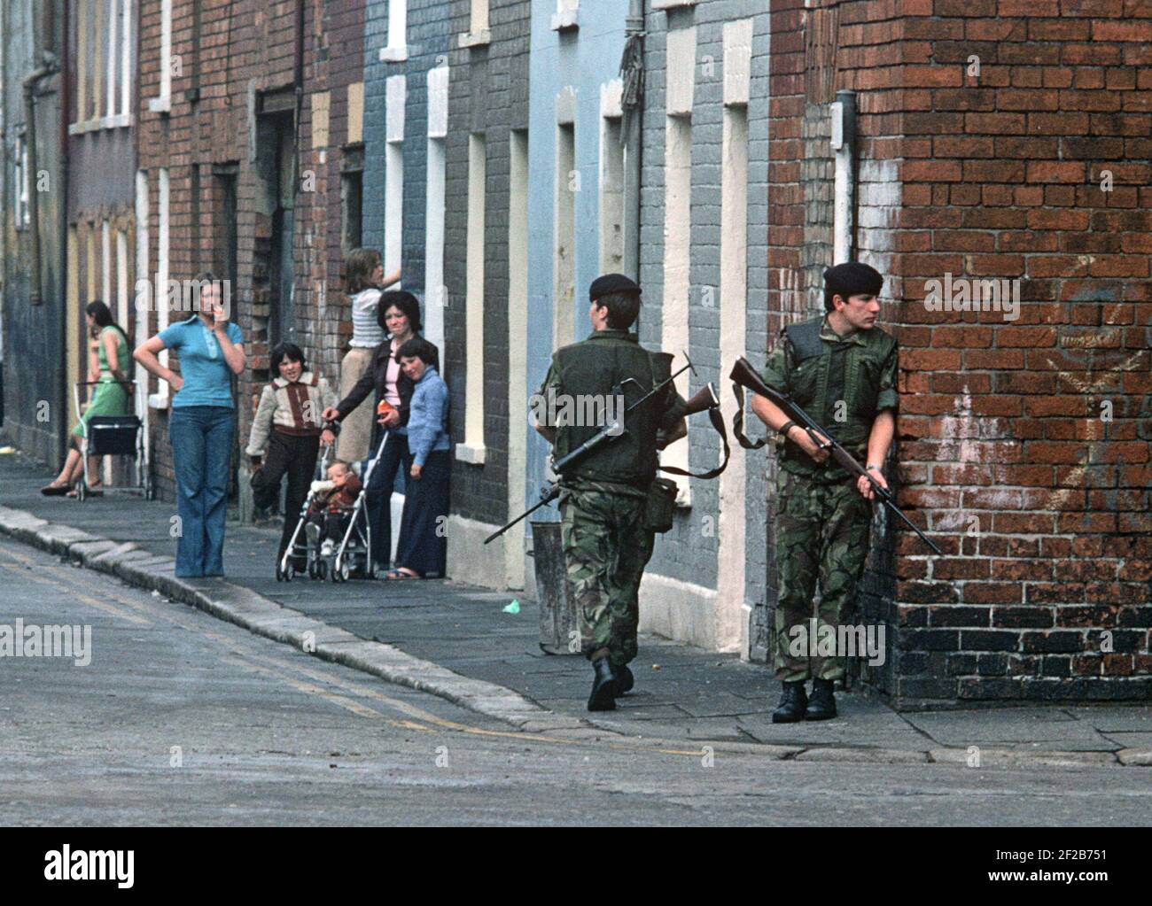 BELFAST, UNITED KINGDOM - MAY 1973. British army soldiers patrolling ...