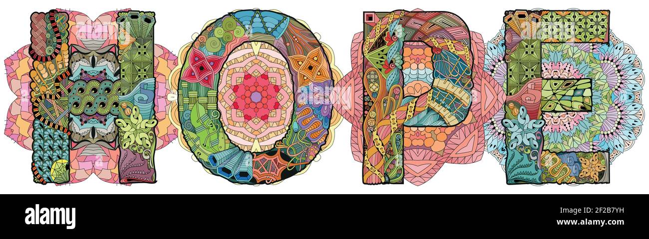 Hand-painted art design. Illustration word HOPE with mandalas for t ...