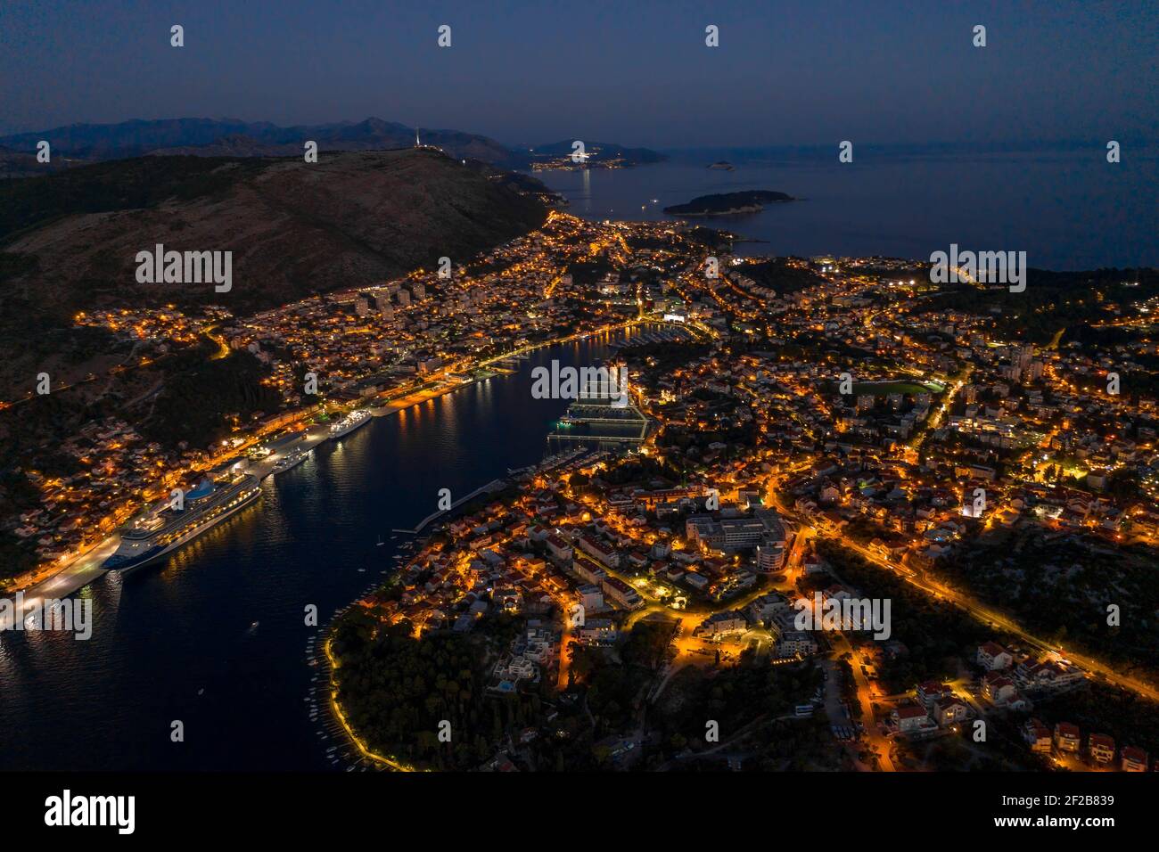Aerial drone shot of Port Gruz in Dubrovnik in Croatia summer dusk ...