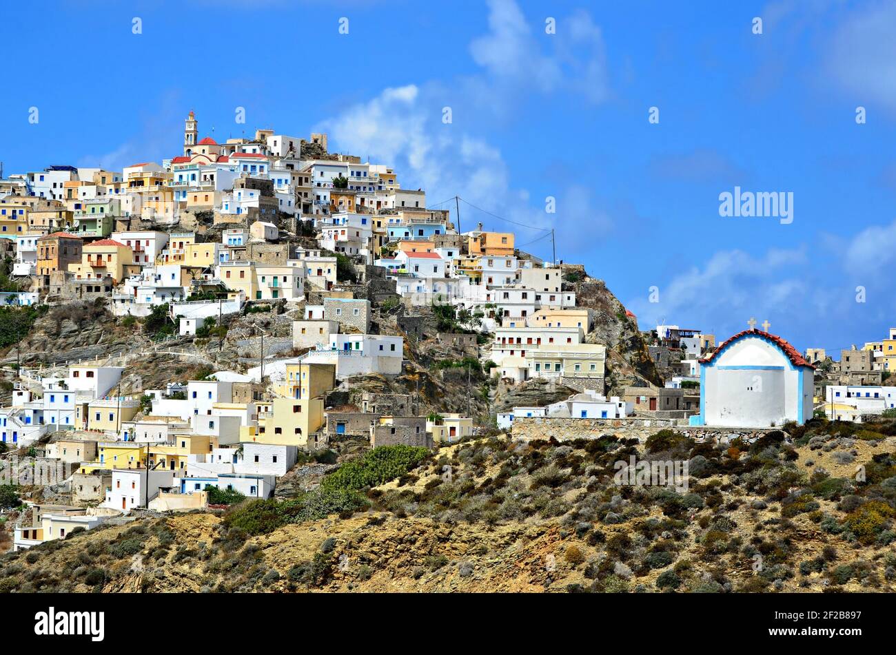 Traditional picturesque Greek Orthodox chapel overlooking the ancient ...