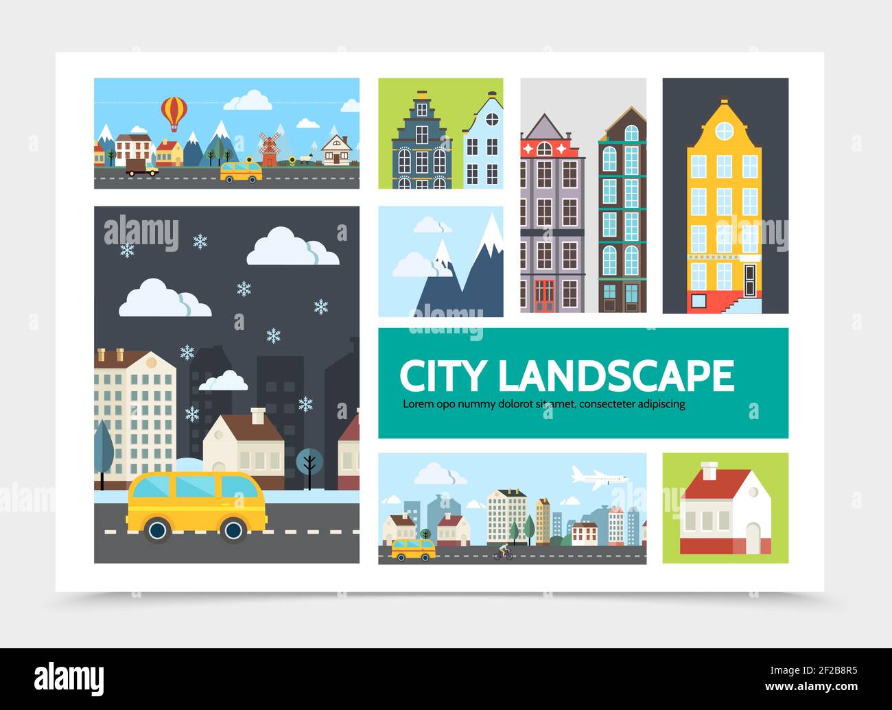 Flat city landscape infographic concept with different cityscapes ...