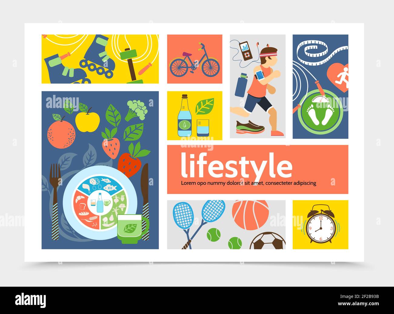 Flat healthy lifestyle infographic concept with running man rollers ...
