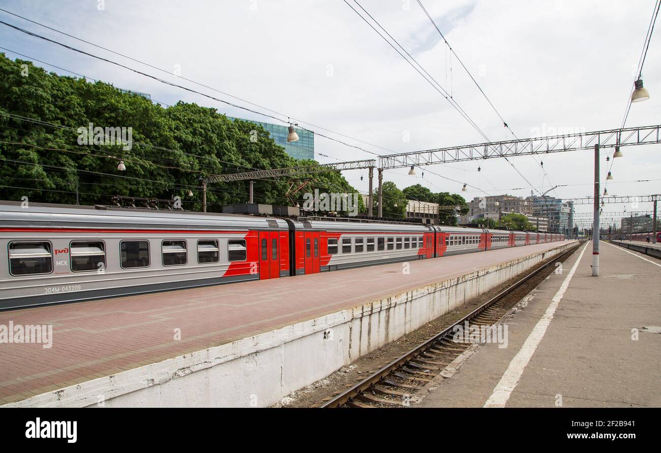 Train on Moscow passenger platform (Paveletsky railway station) is one ...